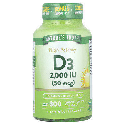 Vitamin d3, high potency, 50 mcg (2,000 iu), 300 quick release softgels ...