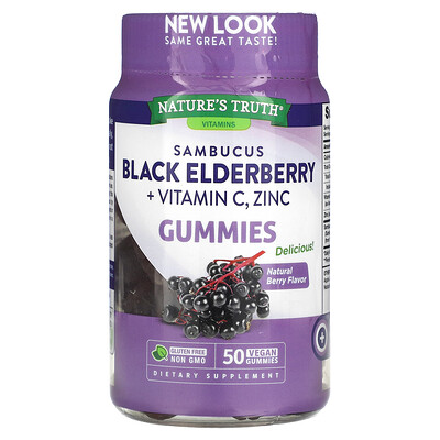 Sambucus black elderberry plus vitamin c, zinc, natural berry, 50 vegan ...