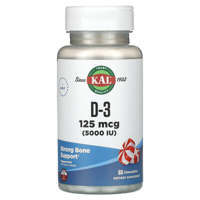 D-3, peppermint, 125 mcg (5,000 iu), 60 chewables by Kal Reviews ...