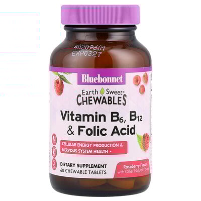 Bluebonnet nutrition, earth sweet® chewables, vitamin b6, b12 & folic acid, raspberry, 60 ...